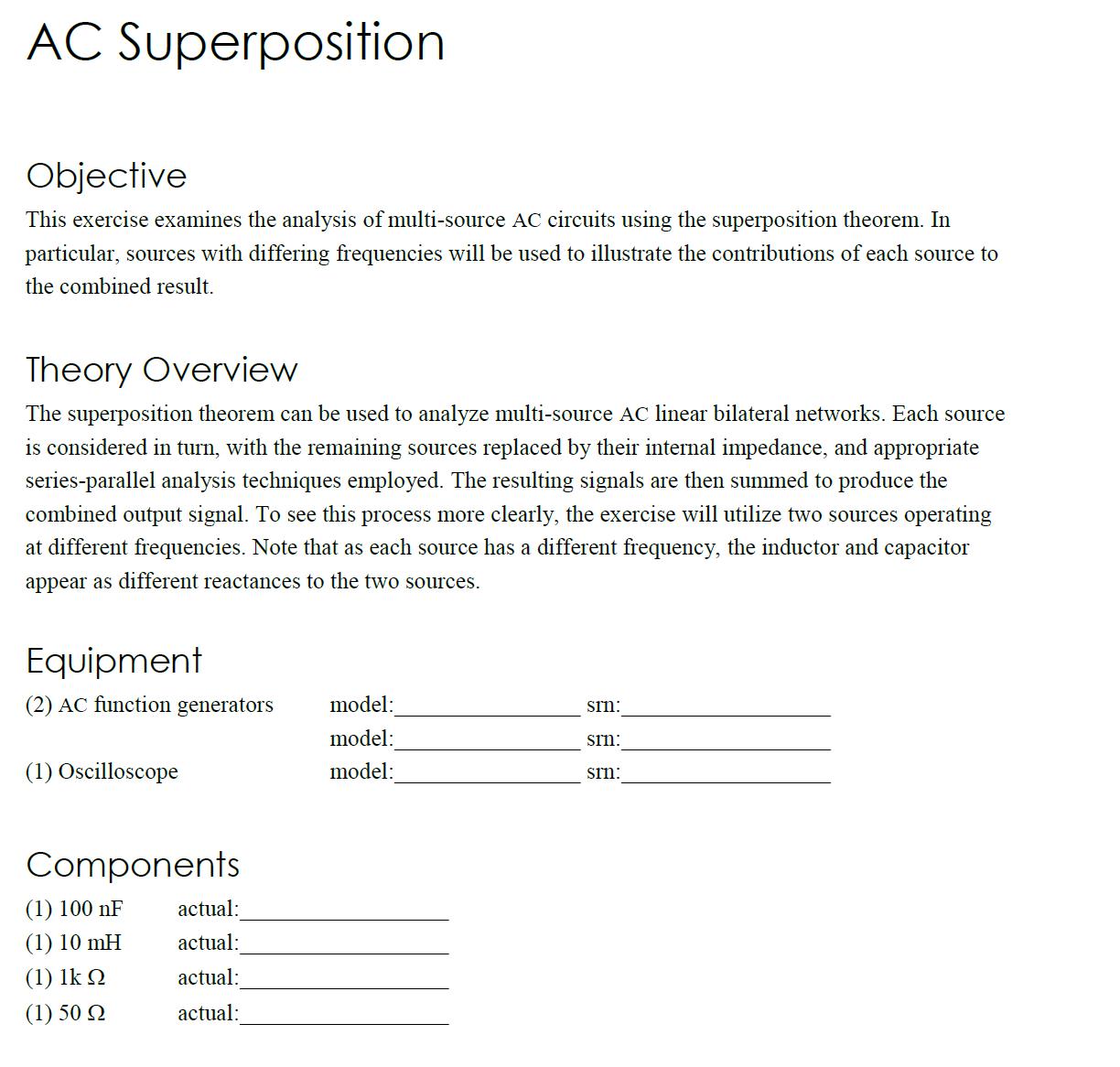 Solved AC Superposition Objective This exercise examines the | Chegg.com