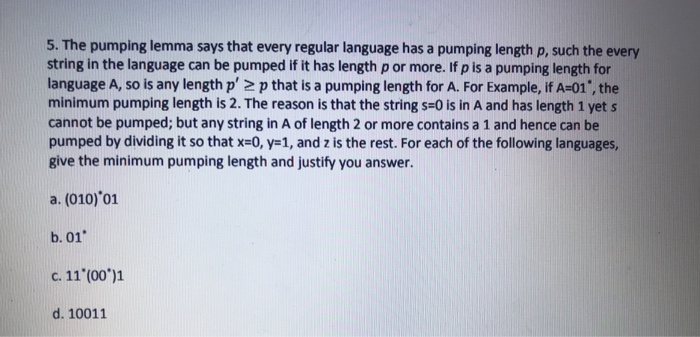 Solved 5. The pumping lemma says that every regular language | Chegg.com
