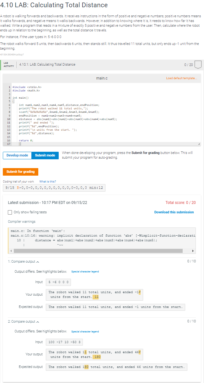 Solved 4.10 LAB: Calculating Total Distance A robot is | Chegg.com