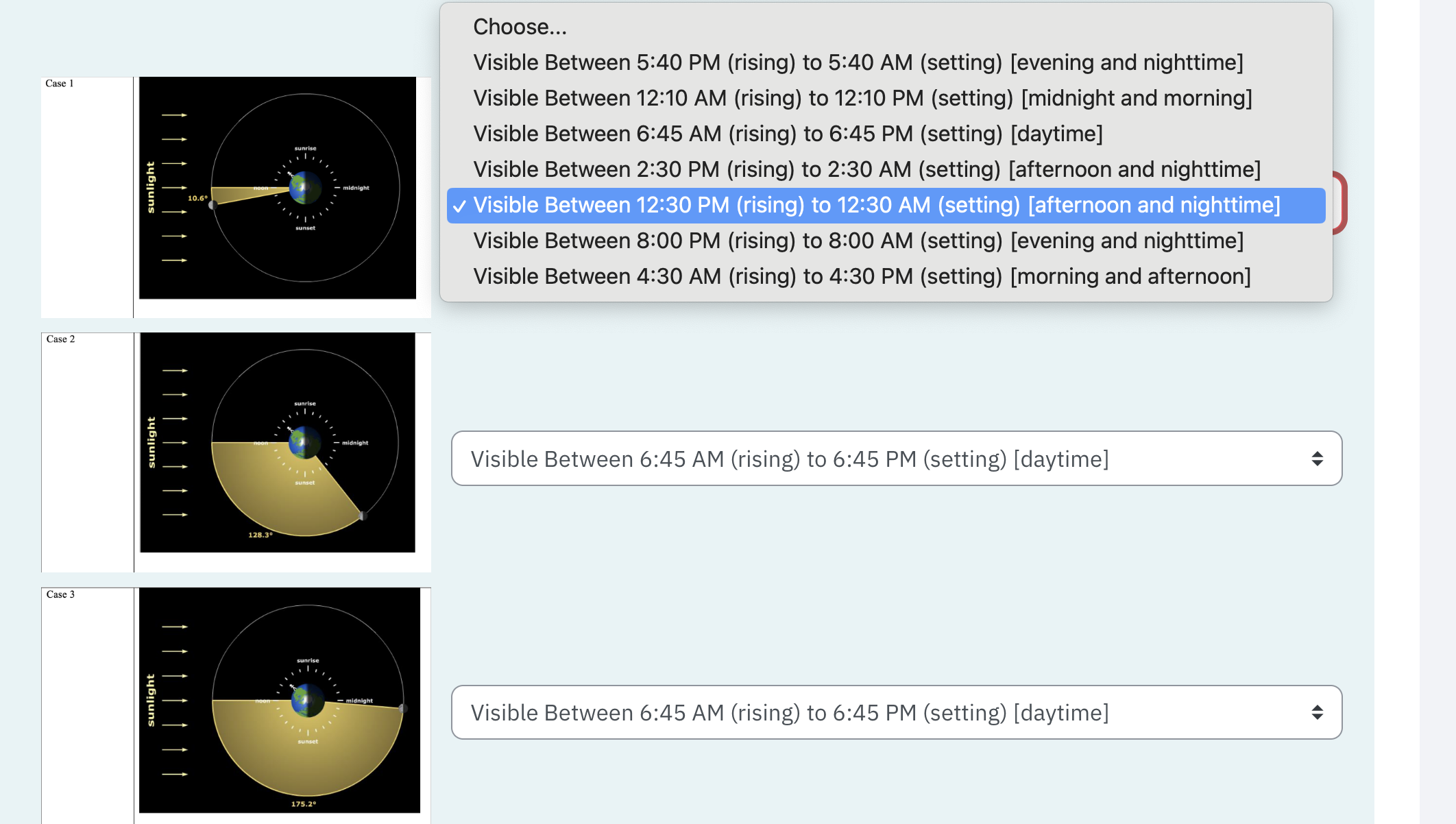Solved Choose... Visible Between 5:40 PM (rising) to 5:40 AM | Chegg.com