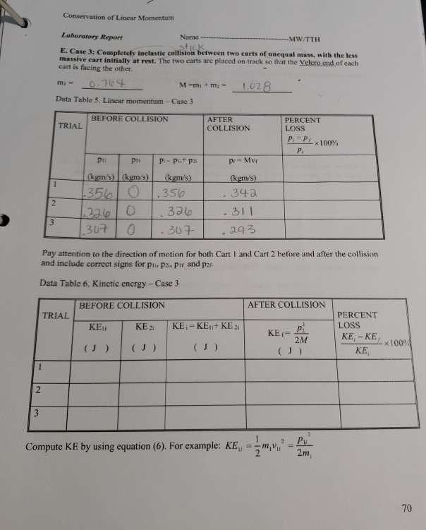 Conservation of Linear Momentum Laboratory Report | Chegg.com