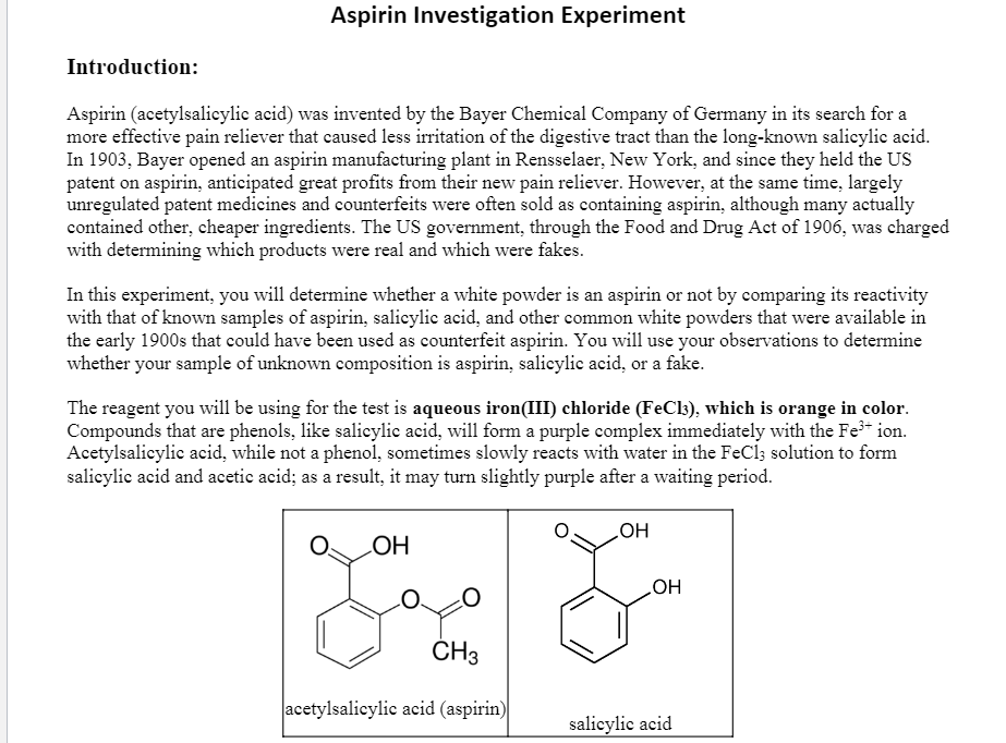 Solved Aspirin Investigation Experiment Introduction: | Chegg.com