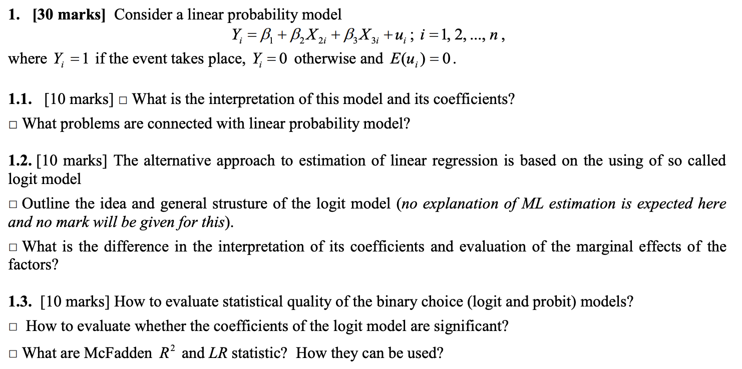 Solved 1. [30 marks] Consider a linear probability model Y; | Chegg.com