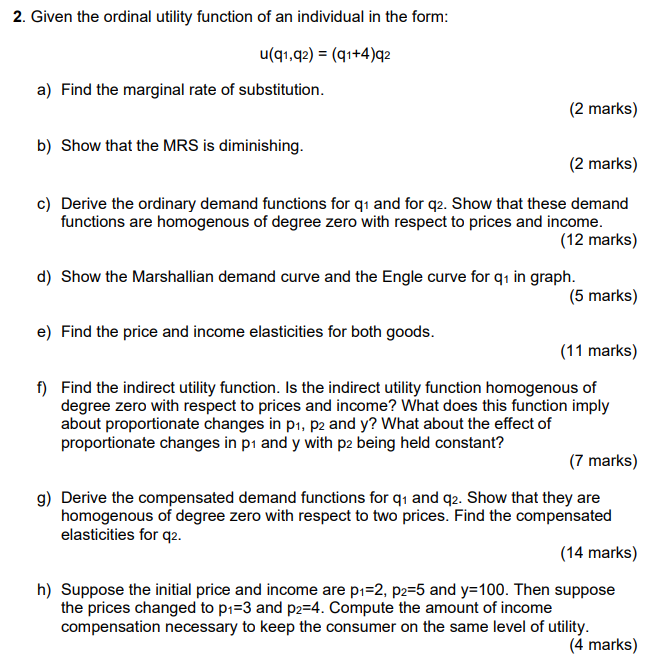 Solved 2. Given the ordinal utility function of an | Chegg.com