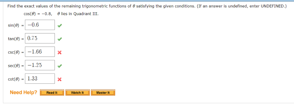 Solved Find The Exact Values Of The Remaining Trigonometric Chegg