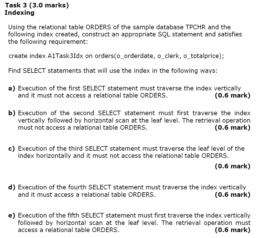 Task 3 (3.0 marks) Indexing Using the relational | Chegg.com