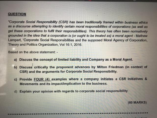 Solved QUESTION "Corporate Social Responsibility (CSR) has | Chegg.com