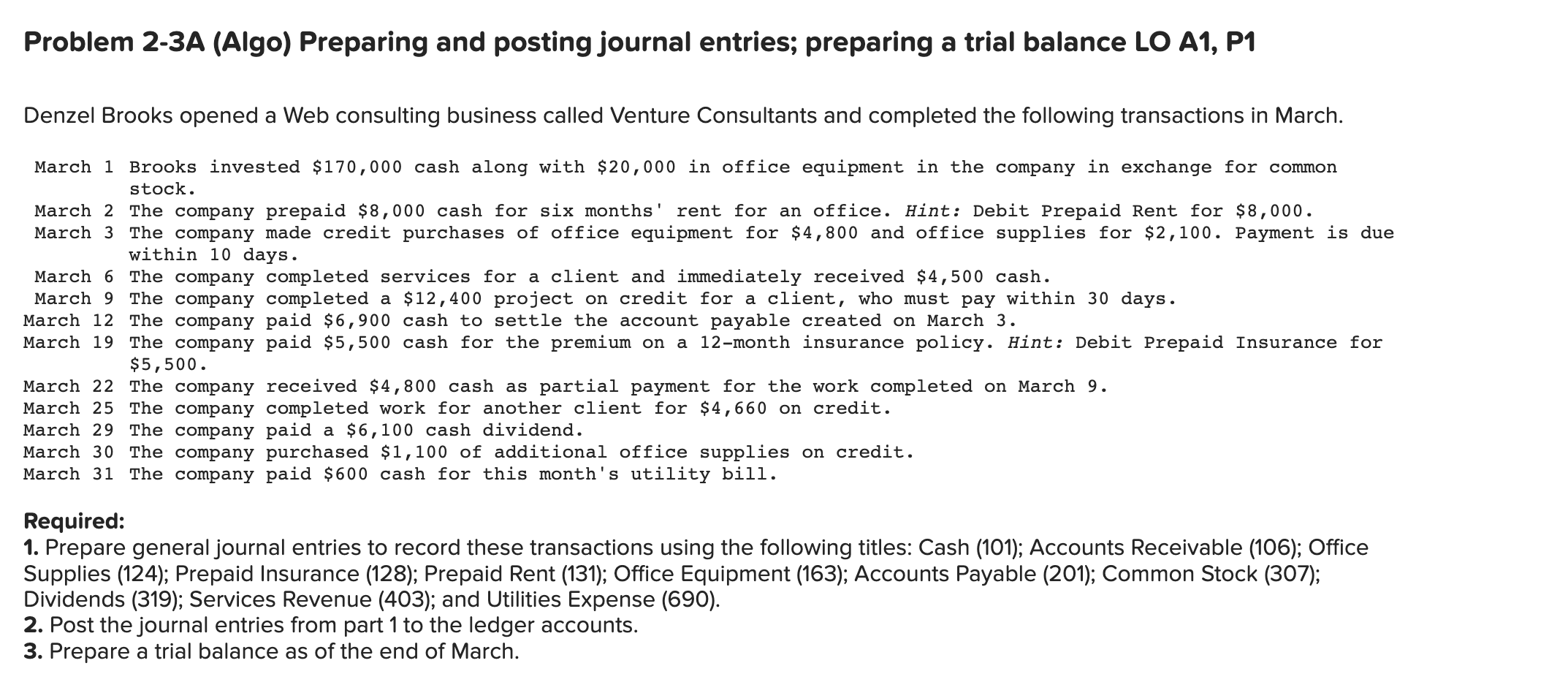 Solved Problem 2-3A (Algo) Preparing and posting journal | Chegg.com