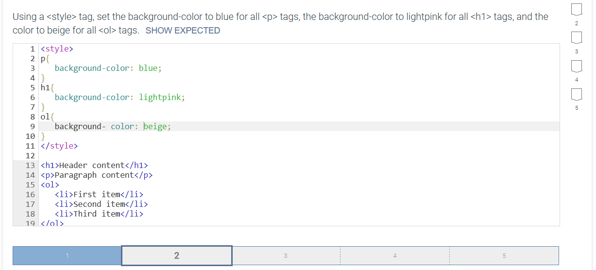 Solved Using a tag, set the background-color to blue for | Chegg.com