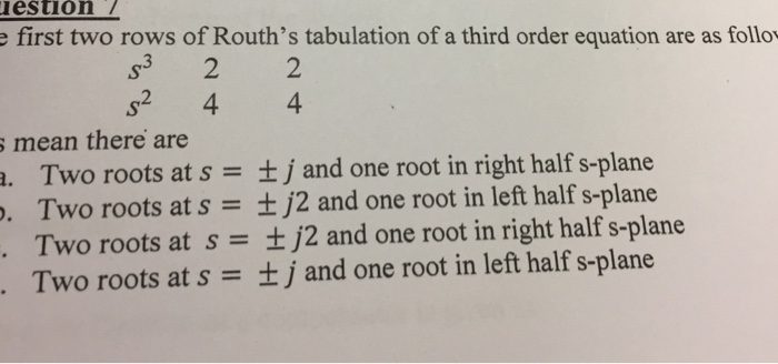 Solved Estion E First Two Rows Of Rouths Tabulation Of A 