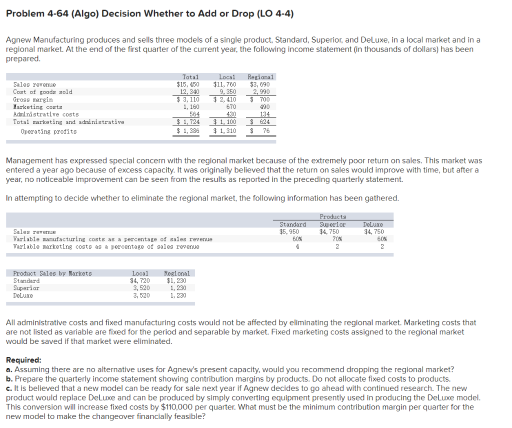 Solved Problem 4-64 (Algo) Decision Whether to Add or Drop | Chegg.com
