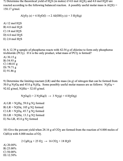 Solved 7) Determine the theoretical yield of H2S in moles) | Chegg.com