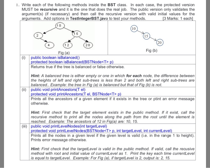 1. Write each of the following methods inside the BST | Chegg.com
