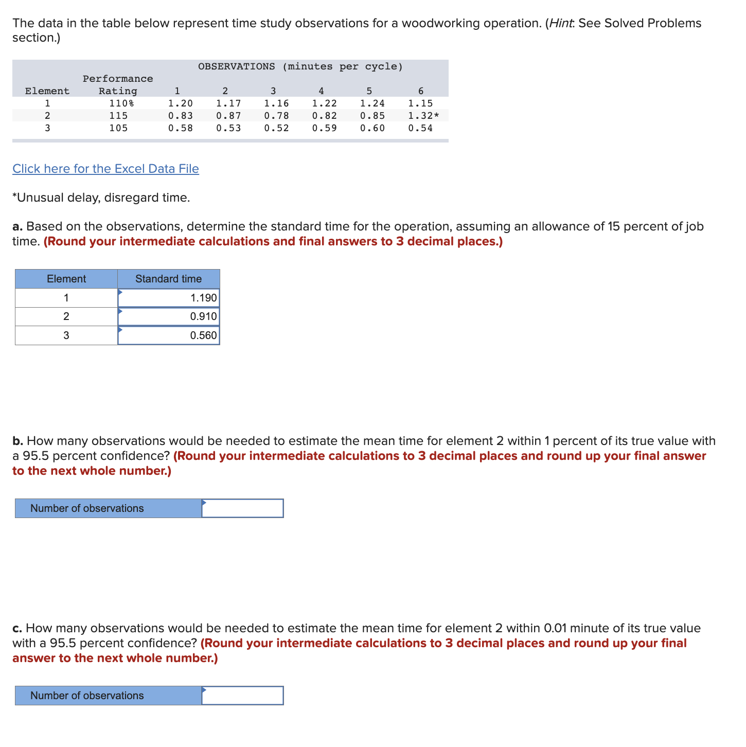 Solved The data in the table below represent time study | Chegg.com