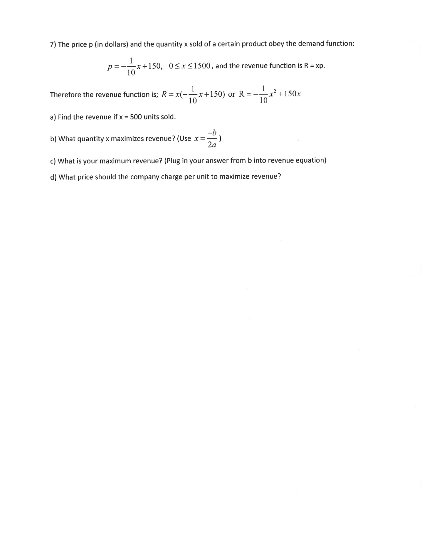 Solved 7) The price p (in dollars) and the quantity x sold | Chegg.com