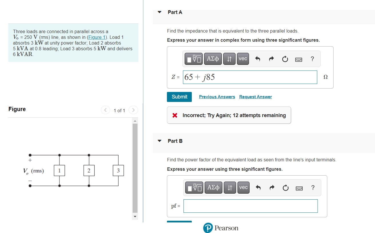 Solved Three loads are connected in parallel across a Vo = | Chegg.com
