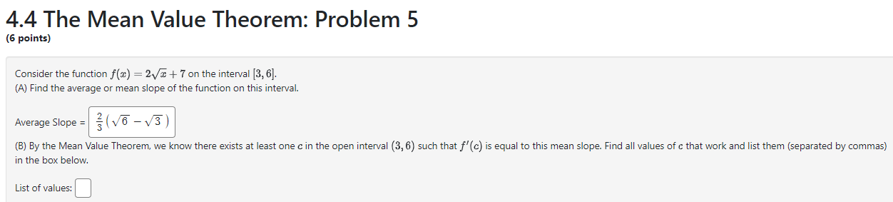 Solved 4.4 The Mean Value Theorem: Problem 5 (6 points) | Chegg.com