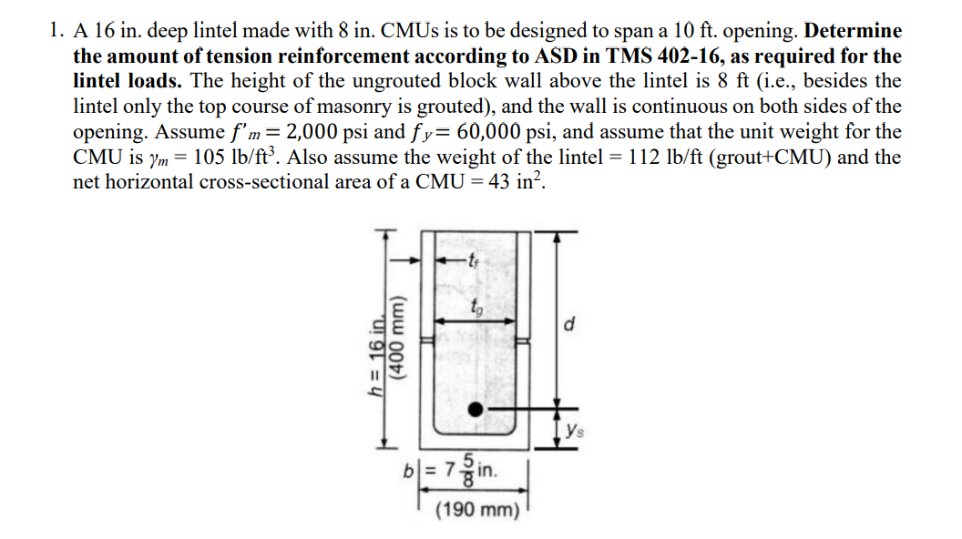 Solved A 16 in. deep lintel made with 8 in. CMUs is to be | Chegg.com