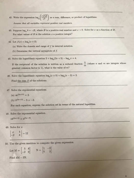 Solved 42. Write the expression loga ( rv ) as a sum, | Chegg.com
