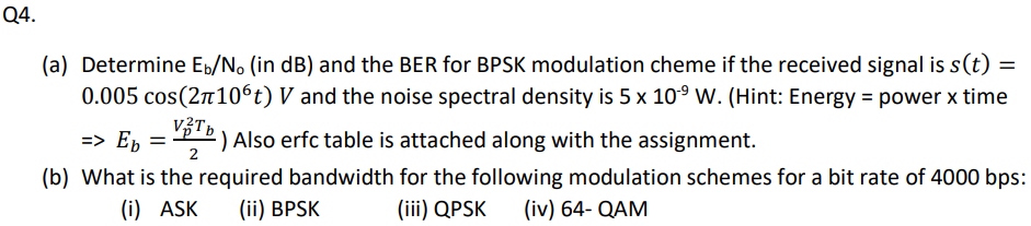 Solved Q4. (a) Determine Eb/N. (in dB) and the BER for BPSK | Chegg.com