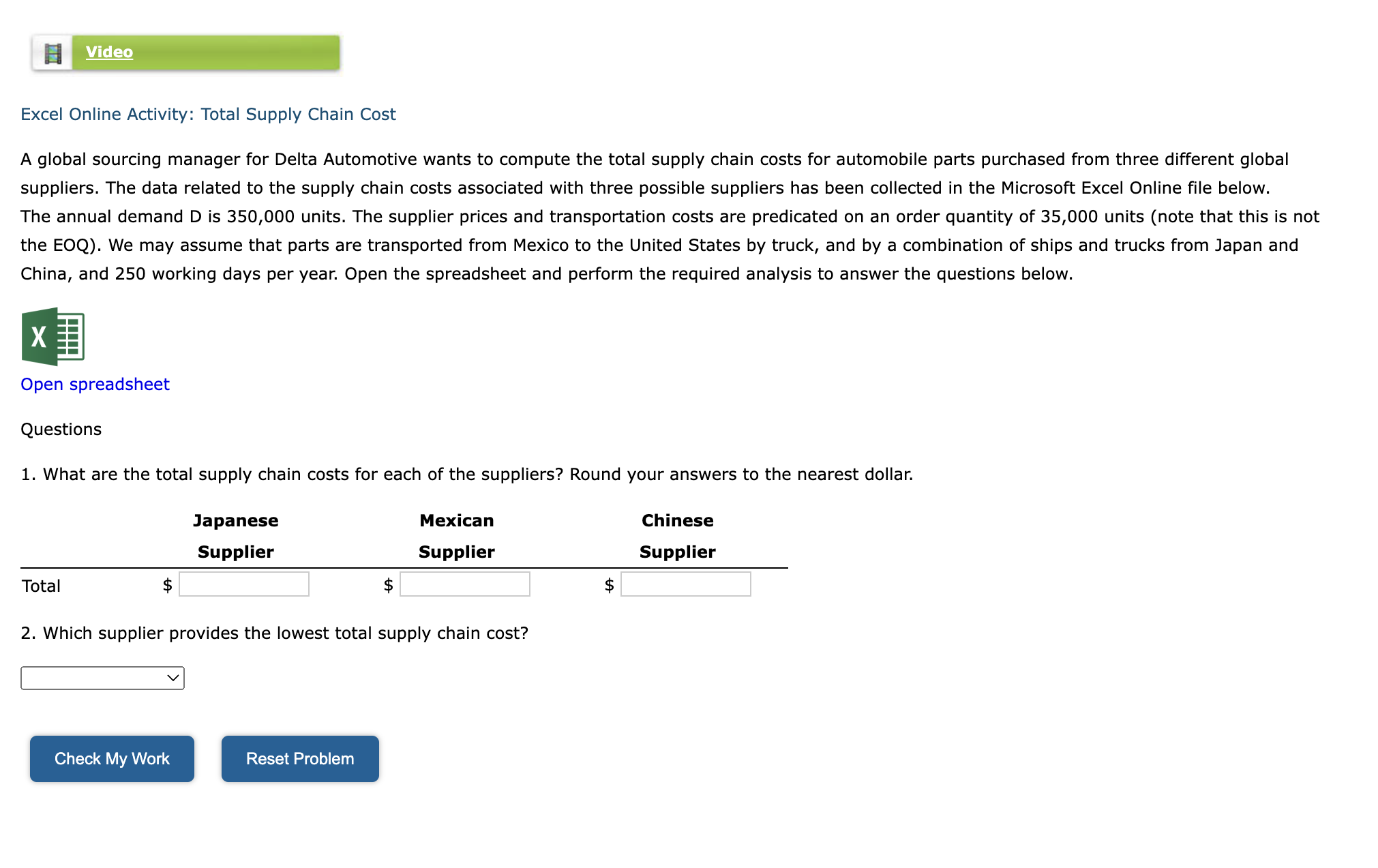 Solved Activity: Total Supply Chain CostA global sourcing | Chegg.com