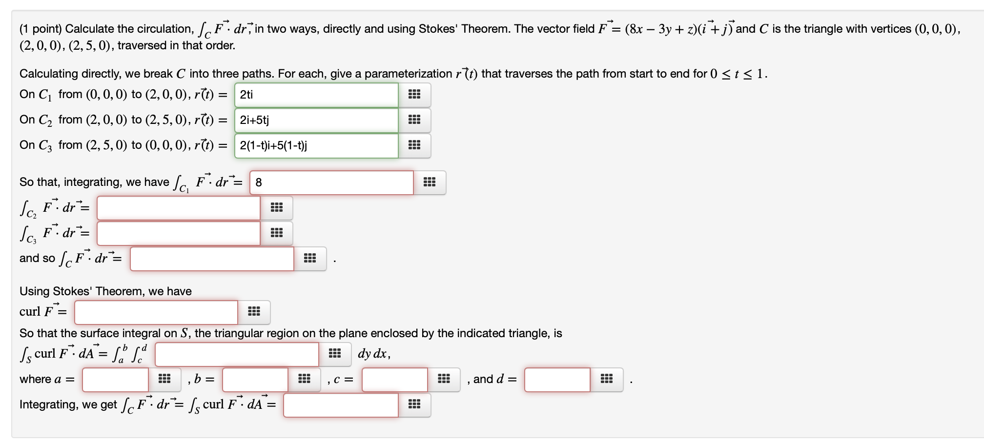 Solved (1 point) Calculate the circulation, ScF. dr; in two | Chegg.com