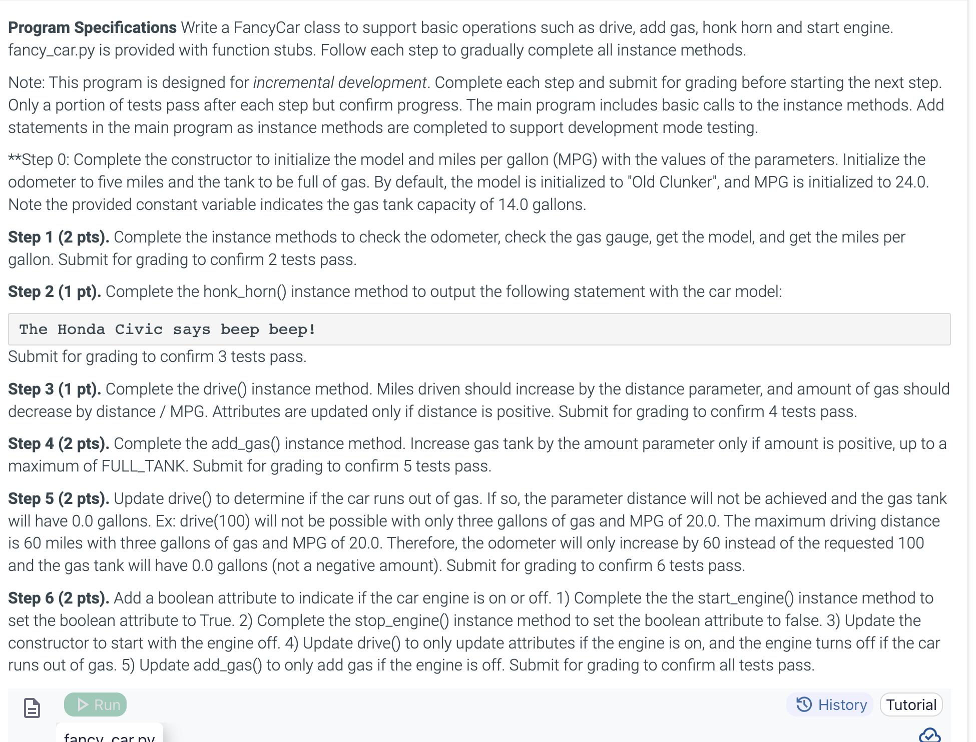 Solved python Program Specifications Write a FancyCar class | Chegg.com