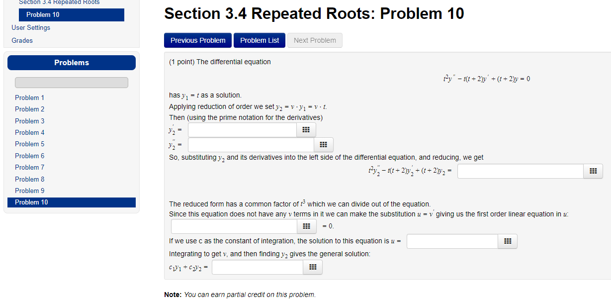Solved Section 3.4 Repeated Roots Problem 10 User Settings | Chegg.com