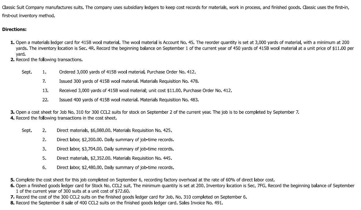 Solved Classic Suit Company manufactures suits. The company | Chegg.com