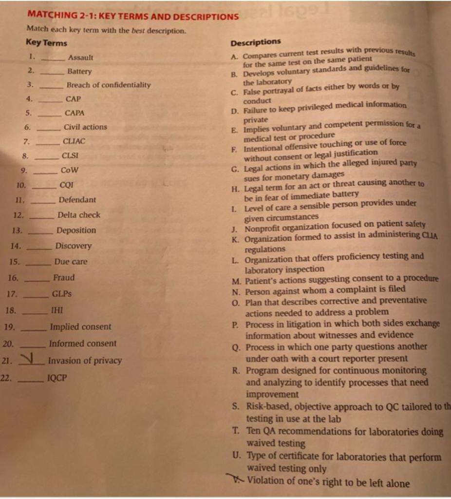 Solved 3. 4. MATCHING 2-1: KEY TERMS AND DESCRIPTIONS Match | Chegg.com