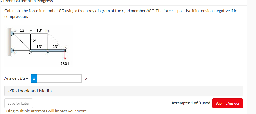 Solved Current Attempt in Progress Calculate the force in | Chegg.com