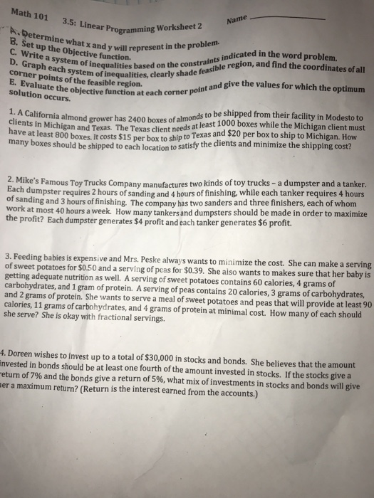 Solved Math 101 3.5: Linear Name Programming Worksheet 2 | Chegg.com