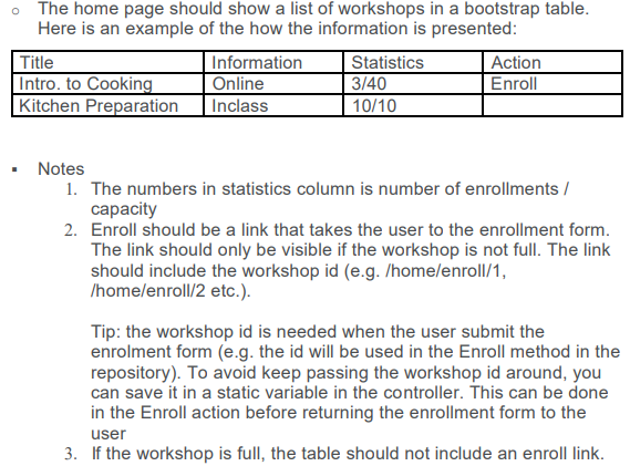 Solved The home page should show a list of workshops in a | Chegg.com