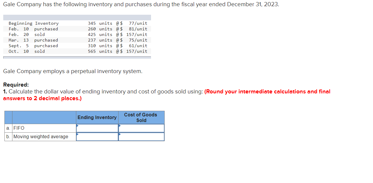 Solved Gale Company employs a perpetual inventory system. | Chegg.com