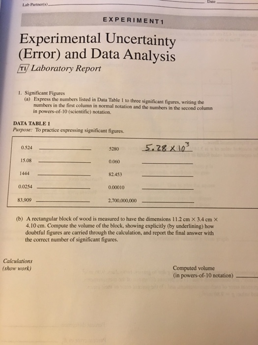 Solved Lab Partneris) EXPERIMENT1 Experimental Uncertainty | Chegg.com