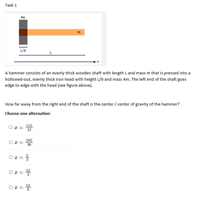 Solved Task 1 4m m L/6 A hammer consists of an evenly thick | Chegg.com