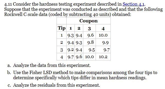 4.11 Consider the hardness testing experiment | Chegg.com