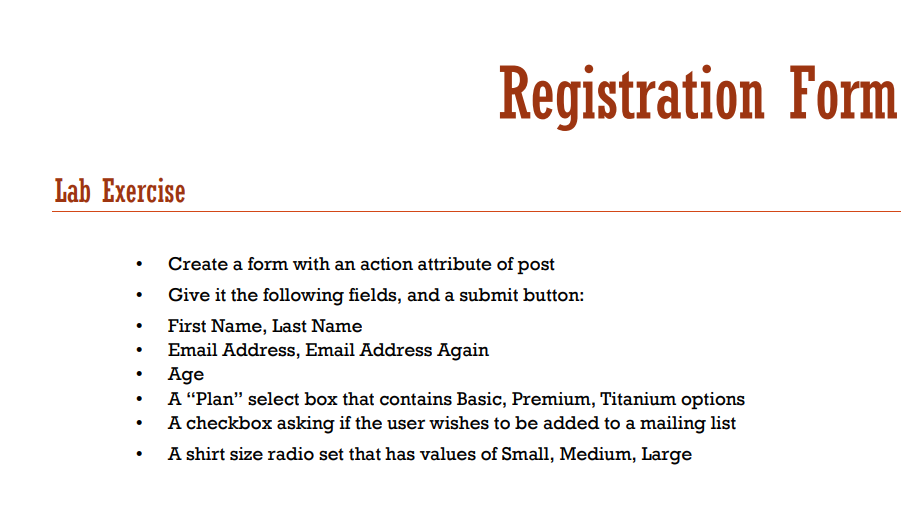 Solved Registration Form Lab Exercise Create a form with an | Chegg.com