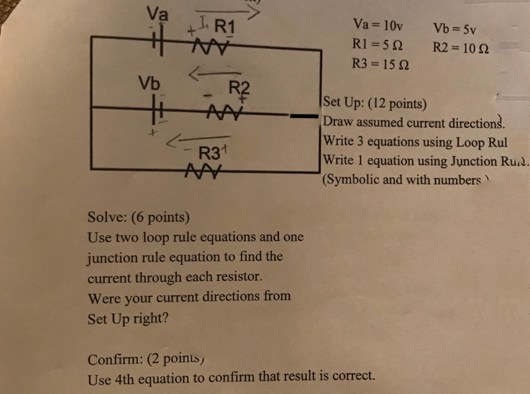 Solved Va JR1 Va=10v Vb = 5v R1-52 R2 102 R3=15? Vb Set Up: | Chegg.com