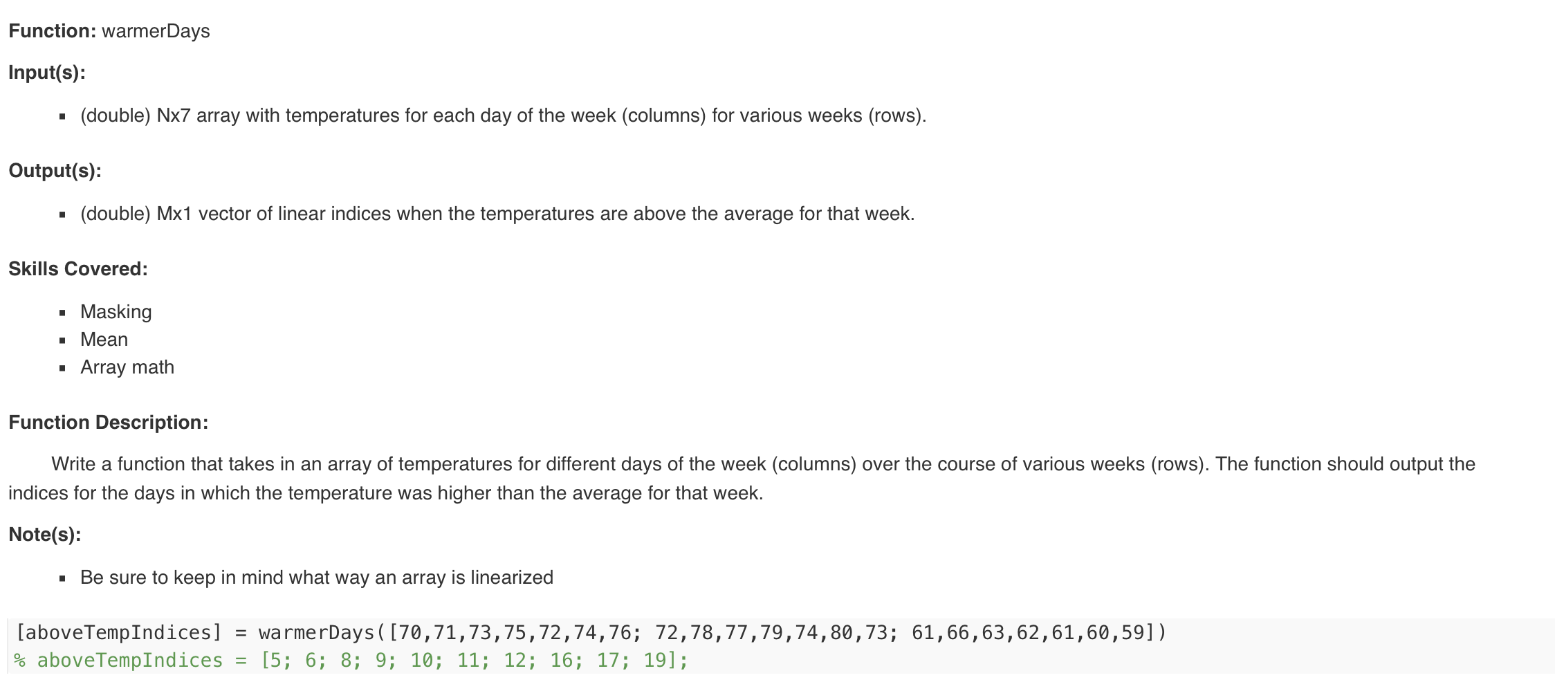 Solved Function: warmerDays Input(s): - (double) Nx7 array | Chegg.com
