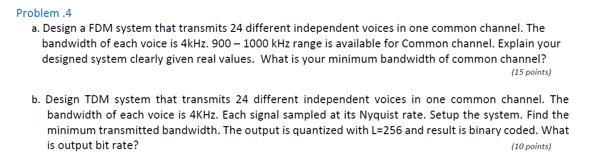 Solved Problem .4 a. Design a FDM system that transmits 24 | Chegg.com