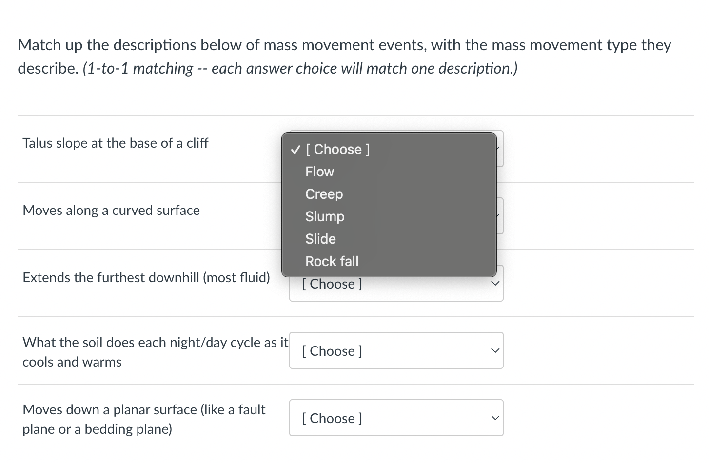Solved Match up the descriptions below of mass movement | Chegg.com