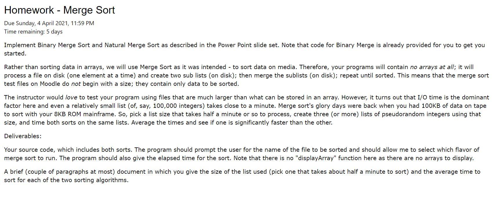 Solved Homework - Merge Sort Due Sunday, 4 April 2021, 11:59 | Chegg.com