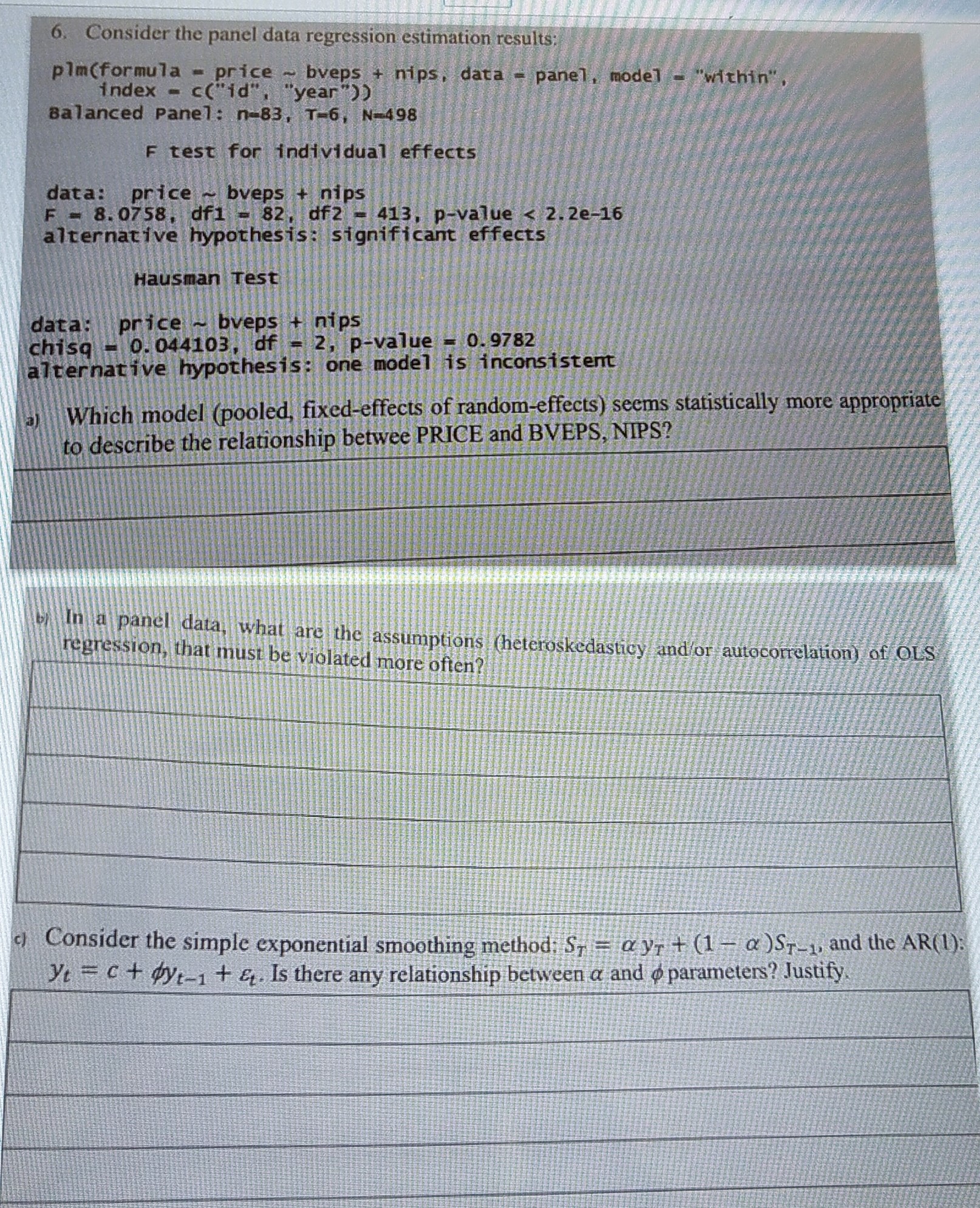 Solved 6. Consider the panel data regression estimation | Chegg.com
