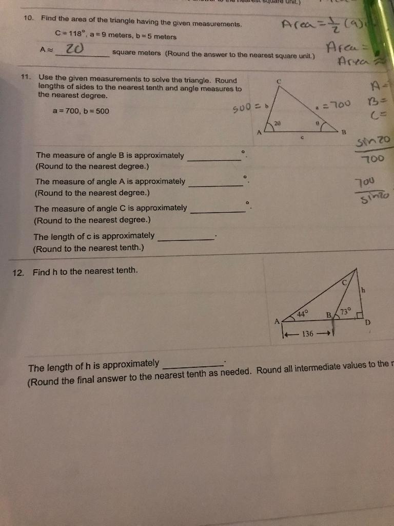 Solved 10. Find the area of the triangle having the given | Chegg.com