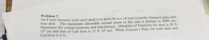Solved An 8 inch diameter solid steel shaft is to press fit | Chegg.com