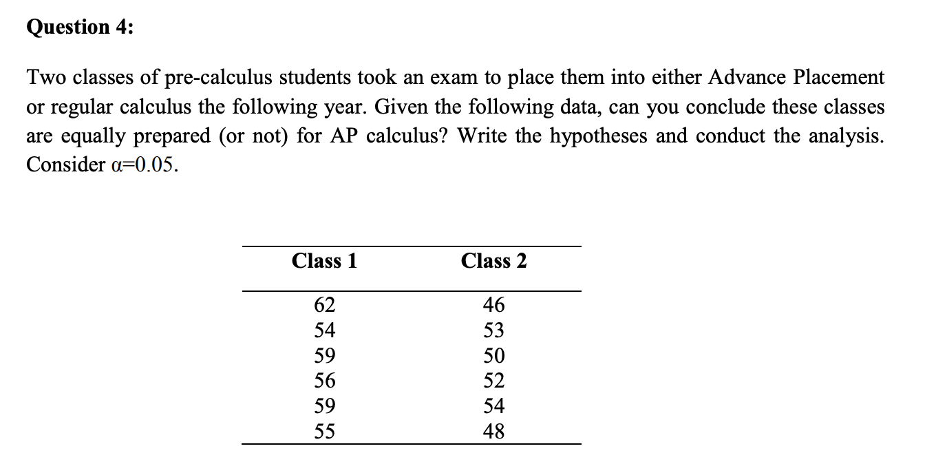 Solved Question 4:Two classes of pre-calculus students took | Chegg.com