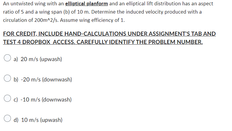 Solved An untwisted wing with an elliptical planform and an | Chegg.com