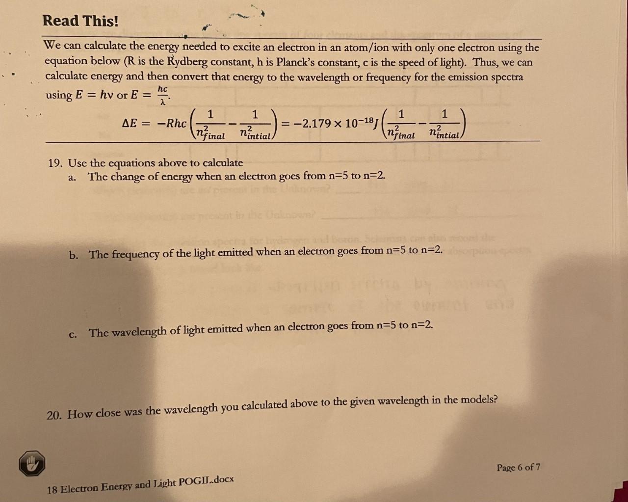 Solved We can calculate the energy needed to excite an | Chegg.com