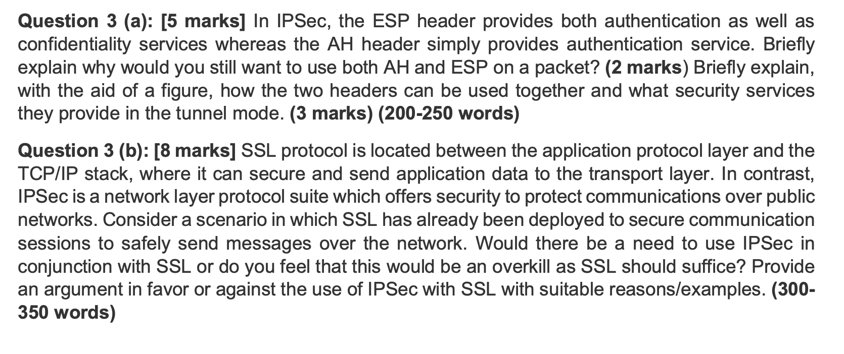 Solved Question 3 (a): [5 marks] In IPSec, the ESP header | Chegg.com